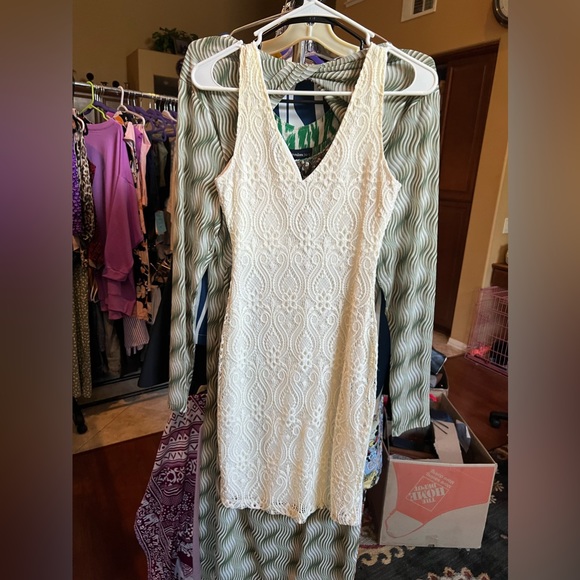 Dresses | White Lacy Dress With V Line | Poshmark